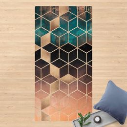Kork-Teppich - T&uuml;rkis Ros&eacute; goldene Geometrie - Abstrakt t&uuml;rkis originell Aquarell Geometrisch Wohnzimmer Schlafzimmer