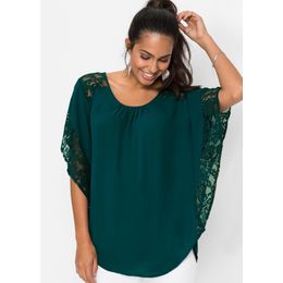 bonprix Damen Langarmbluse, gr&uuml;n, Gr. 42, Obermaterial: 100% Polyester. Spitze: 100% Polyester, Blusen, figurumspielende Passform, aus Polyester, mit