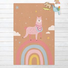 Kork-Teppich - Lama auf Regenbogen mit Sternen und P&uuml;nktchen - Illustration bunt Tiere Korkmatte Regenbogen Kinderzimmer Baby M&auml;dchen Jungen