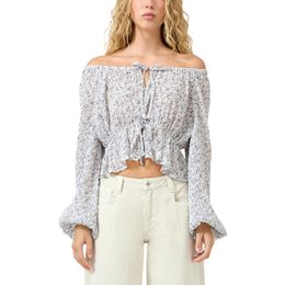 Langarmbluse QS, Damen, Gr. 44, wei&szlig; aop, Web, Obermaterial: 100% Polyester, gebl&uuml;mt, gemustert, normal h&uuml;ftbedeckend, Rundhals, elastischer Bund mit Gummizug, Blusen, mit Minimal-Print