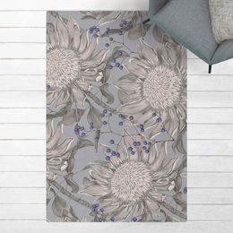 Kork-Teppich - Florale Eleganz Blaubeeren - Vintage grau Blumen Korkmatte Retro Wohnzimmer Schlafzimmer