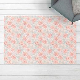 Kork-Teppich - Rosa Blumen mit Hellblauen Bl&auml;ttern - Illustration pastell Aquarell Rose Wohnzimmer Schlafzimmer