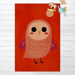 Kork-Teppich - Kleine Eule bei Roter Nacht - Illustration rot Tiere Aquarell Eule Kinderzimmer Baby M&auml;dchen Jungen