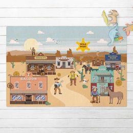 Kork-Teppich - Wilder Westen - Vor dem Saloon - Illustration bunt Natur Korkmatte W&uuml;ste Kinderzimmer Baby M&auml;dchen Jungen