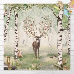 Bilderwelten Kork-Teppich modern gr&uuml;n Wald Aquarell - Majest&auml;tischer Hirsch im Birkenwald - B&auml;ume Kinderzimmer Baby M&auml;dchen Jungen