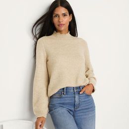 LANDS' END Stehbund-Pullover mit Muschelrand, Damen,  Beige, Wolle/Polyester/Polyacryl, by Lands' End