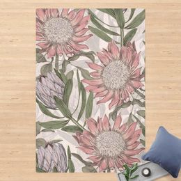 Kork-Teppich - Florale Eleganz Protea - Vintage grau Korkmatte Pflanzen Wohnzimmer Schlafzimmer