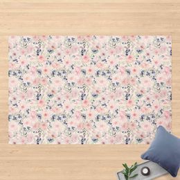 Kork-Teppich - Rosa Rosen mit Blaubeeren vor Wei&szlig; - Illustration rosa Aquarell Rose Wohnzimmer Schlafzimmer