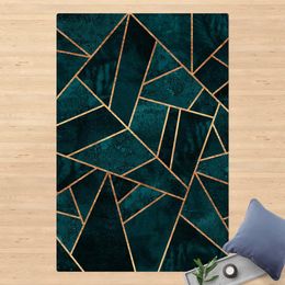 Kork-Teppich - Dunkles T&uuml;rkis mit Gold - Abstrakt t&uuml;rkis originell Aquarell Geometrisch Wohnzimmer Schlafzimmer