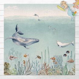 Bilderwelten Kork-Teppich modern blau Strand Aquarell - Tanzende Wale am Korallenriff - Unterwasser Jugendzimmer
