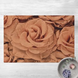 Kork-Teppich - Rosen Sepia mit Wassertropfen - Landhaus beige Blumen Korkmatte Rose Wohnzimmer Schlafzimmer