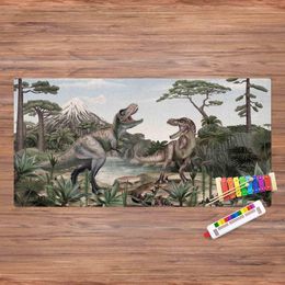 Bilderwelten Kork-Teppich modern gr&uuml;n Wald Aquarell - Kampf der Urzeitgiganten - Dinosaurier Jugendzimmer