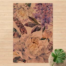Kork-Teppich - Zartes Aquarell Boho Bl&uuml;ten und Federn Muster - Illustration pastell Blumen Aquarell Rose Wohnzimmer Schlafzimmer