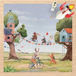 Bilderwelten Kork-Teppich modern bunt Wald Aquarell - Wilde Party zwischen Baumh&auml;usern - B&auml;ume Kinderzimmer Baby M&auml;dchen Jungen