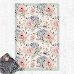 Kork-Teppich - Aquarell Blumenbouquet mit Sukkulenten und Rahmen - Illustration pastell Aquarell Deko Wohnzimmer Schlafzimmer