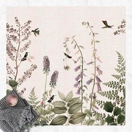 Bilderwelten Kork-Teppich modern gr&uuml;n Blumen Aquarell - Verspielte Kolibris zwischen Glockenblumen - V&ouml;gel Wohnzimmer Schlafzimmer