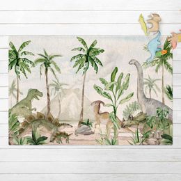 Bilderwelten Kork-Teppich modern gr&uuml;n Wald Aquarell - Zusammenkunft der Dinosaurier - Dinosaurier Kinderzimmer Baby M&auml;dchen Jungen