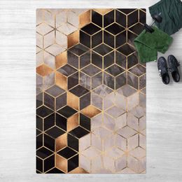 Kork-Teppich - Schwarz Wei&szlig; goldene Geometrie - Abstrakt schwarz weiss originell Aquarell Geometrisch Wohnzimmer Schlafzimmer