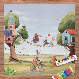 Kork-Teppich - Wilde Party zwischen Baumh&auml;usern - modern bunt Wald Aquarell B&auml;ume Kinderzimmer Baby M&auml;dchen Jungen