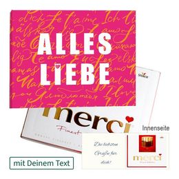 Pers&ouml;nliche Gru&szlig;karte mit Merci: Alles Liebe (250 g)