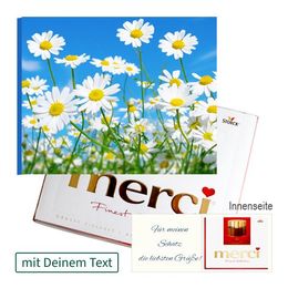 Pers&ouml;nliche Gru&szlig;karte mit Merci: G&auml;nsebl&uuml;mchen (250 g)