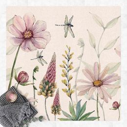 Bilderwelten Kork-Teppich Tropisch rosa Blumen Aquarell - Libellen im Blumenrausch - Gr&auml;ser Wohnzimmer Schlafzimmer