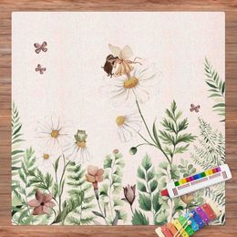 Kork-Teppich - Kleine Elfe auf der M&auml;rchenwiese - Tropisch gr&uuml;n Blumen Aquarell Gr&auml;ser Kinderzimmer Baby M&auml;dchen Jungen