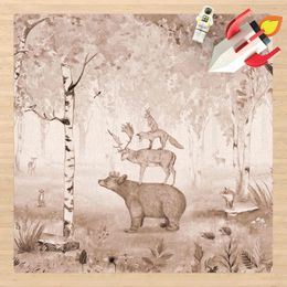 Kork-Teppich - Der B&auml;renk&ouml;nig Sepia - modern braun Wald Aquarell B&auml;ume Kinderzimmer Baby M&auml;dchen Jungen
