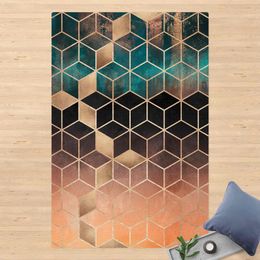 Kork-Teppich - T&uuml;rkis Ros&eacute; goldene Geometrie - Abstrakt t&uuml;rkis originell Aquarell Geometrisch Wohnzimmer Schlafzimmer