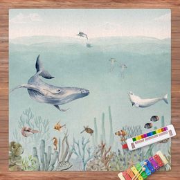 Kork-Teppich - Tanzende Wale am Korallenriff - modern blau Strand Aquarell Unterwasser Jugendzimmer