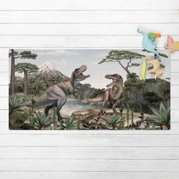 Kork-Teppich - Kampf der Urzeitgiganten - modern gr&uuml;n Wald Aquarell Dinosaurier Jugendzimmer