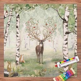 Kork-Teppich - Majest&auml;tischer Hirsch im Birkenwald - modern gr&uuml;n Wald Aquarell B&auml;ume Kinderzimmer Baby M&auml;dchen Jungen