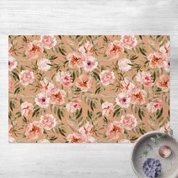 Kork-Teppich - Aquarell Rosa Bl&uuml;ten vor Wei&szlig; - Illustration rosa Aquarell Rose Wohnzimmer Schlafzimmer