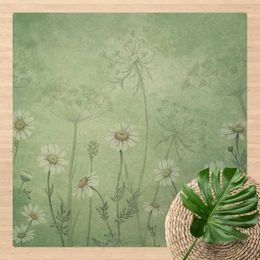 Kork-Teppich - G&auml;nsebl&uuml;mchen im gr&uuml;nen Nebel - Tropisch gr&uuml;n Blumen Aquarell Blumenwiese Wohnzimmer Schlafzimmer