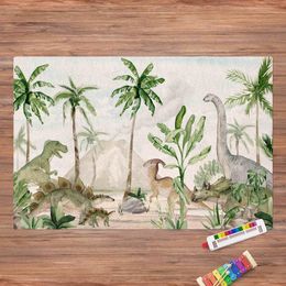 Kork-Teppich - Zusammenkunft der Dinosaurier - modern gr&uuml;n Wald Aquarell Dinosaurier Kinderzimmer Baby M&auml;dchen Jungen