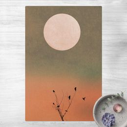 Kork-Teppich - V&ouml;gel vor rosa Sonne II - modern petrol Natur Aquarell Sonnenuntergang Wohnzimmer Schlafzimmer