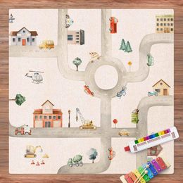 Kork-Teppich - Rasanter Rollspa&szlig; auf der Stra&szlig;e - modern bunt Aquarell Auto Kinderzimmer Baby M&auml;dchen Jungen