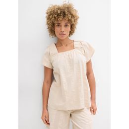bonprix Tunikabluse aus Baumwoll-Seersucker, beige, Gr.38, Baumwollbluse aus leichtem Strukturmaterial mit Fl&uuml;gel&auml;rmeln und elastischen Tr&auml;gern, aus 100% Baumwolle