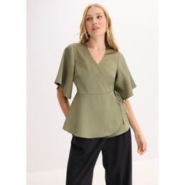 bonprix Satinbluse mit tiefem Ausschnitt, gr&uuml;n, Gr.46, Stylische Bluse mit Bindeband