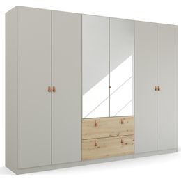 Dreht&uuml;renschrank Rauch "Kleiderschrank Schrank Garderobe Ankleide HOMEY BY QUADRA SPIN", grau (seidengrau, eiche artisan), B:271cm H:210cm T:54cm, Holzwerkstoff, Schr&auml;nke, Dreht&uuml;renschrank, mit cognacbraunen Ledergrifflaschen, Schubladen in Eichen-Dekor