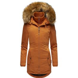 Wintermantel Marikoo "Sanakoo", Damen, Gr. S (36), braun (zimt), Oberstoff: 100% Polyester. Futter: 100% Polyester. Wattierung: 100% Polyester. &Auml;rmelfutter: 100% Polyester. Kunstpelz: 90% Polyacryl, 10% Polyester, tailliert Po-bedeckend, &Auml;rmel ohne &Auml;rmelschlitz Rippstrickb&uuml;ndchen, M&auml;ntel Wintermantel, schicker Damen Kurzmantel mit Kunstfellkapuze