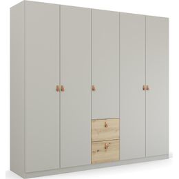 Dreht&uuml;renschrank Rauch "Kleiderschrank Schrank Garderobe Ankleide HOMEY BY QUADRA SPIN", grau (seidengrau, eiche artisan), B:226cm H:210cm T:54cm, Holzwerkstoff, Schr&auml;nke, Dreht&uuml;renschrank, mit cognacbraunen Ledergrifflaschen, Schubladen in Eichen-Dekor