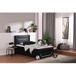 Boxbett Home Affaire "GALAXY inkl. Bettkasten, mit gr&uuml;ner LED-Beleuchtung, Breite: 120cm", schwarz, B:122cm L:209cm, Komplettbetten, Gamingbett mit USB-C und USB-A Anschluss am Kopfteil, inkl. Topper