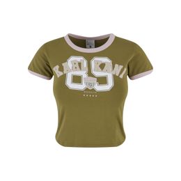 T-Shirt Karl Kani "Karl Kani Karl Kani Woven Signature Short Soccer Tee", Damen, Gr. S, olive, rose, 95% Baumwolle, 5% Elasthan, bedruckt, normal, Rundhals, Shirts T-Shirt