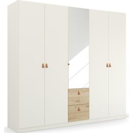 Dreht&uuml;renschrank Rauch "Kleiderschrank Schrank Garderobe Ankleide HOMEY BY QUADRA SPIN", wei&szlig; (alpinwei&szlig;, eiche artisan), B:226cm H:210cm T:54cm, Holzwerkstoff, Schr&auml;nke, Dreht&uuml;renschrank, mit cognacbraunen Ledergrifflaschen, Schubladen in Eichen-Dekor