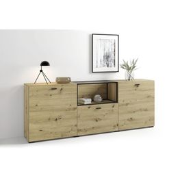 Sideboard ByLiving "Frame", artisan eiche, B:200cm H:75,5cm T:37,5cm, FSC-zertifizierter Holzwerkstoff, Glas, Kunststoff, Metall, Sideboards, Sideboard, moderne Kommode mit Metalleinsatz und Glasplatte, 200cm breit.