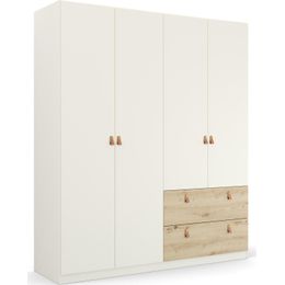 Dreht&uuml;renschrank Rauch "Kleiderschrank Schrank Garderobe Ankleide HOMEY BY QUADRA SPIN", wei&szlig; (alpinwei&szlig;, eiche artisan), B:181cm H:210cm T:54cm, Holzwerkstoff, Schr&auml;nke, Dreht&uuml;renschrank, mit cognacbraunen Ledergrifflaschen, Schubladen in Eichen-Dekor