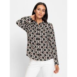 Langarmbluse Heine, Damen, Gr. 44, beige (schwarz, sand, bedruckt), 100% Polyester, bedruckt, gemustert, mehrfarbig, Blusen
