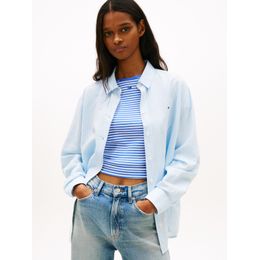 Hemdbluse Tommy Jeans "TJW RLX LINEN SHIRT", Damen, Gr. L (40), light powdery blau, stripe, Leinenmischung, Obermaterial: 55% Leinen, 27% Baumwolle, 18% Viskose, gestreift, relaxed fit h&uuml;ftbedeckend, 1-Knopf-Manschette mit Schlitz, Blusen Hemdbluse, mit zeitlosem Design, Leinen-Mix, Relaxed Fit