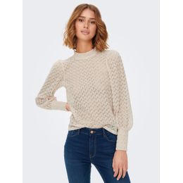 Jacqueline de Yong Spitzenshirt JDY "JDYAVERY L/S LACE TOP JRS NOOS", Damen, Gr. M, beige (sandshell), Single Jersey, Obermaterial: 100% Polyester, unifarben, regular fit taillenbedeckt, hoch geschlossener Ausschnitt, Puff&auml;rmel lange Manschette, Shirts